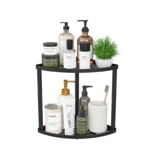 kokstop 2-tier bathroom counter organizer, metal counter corner storage for bathroom, countertop, modern vanity makeup bathroom shelf for home, kitchen, black