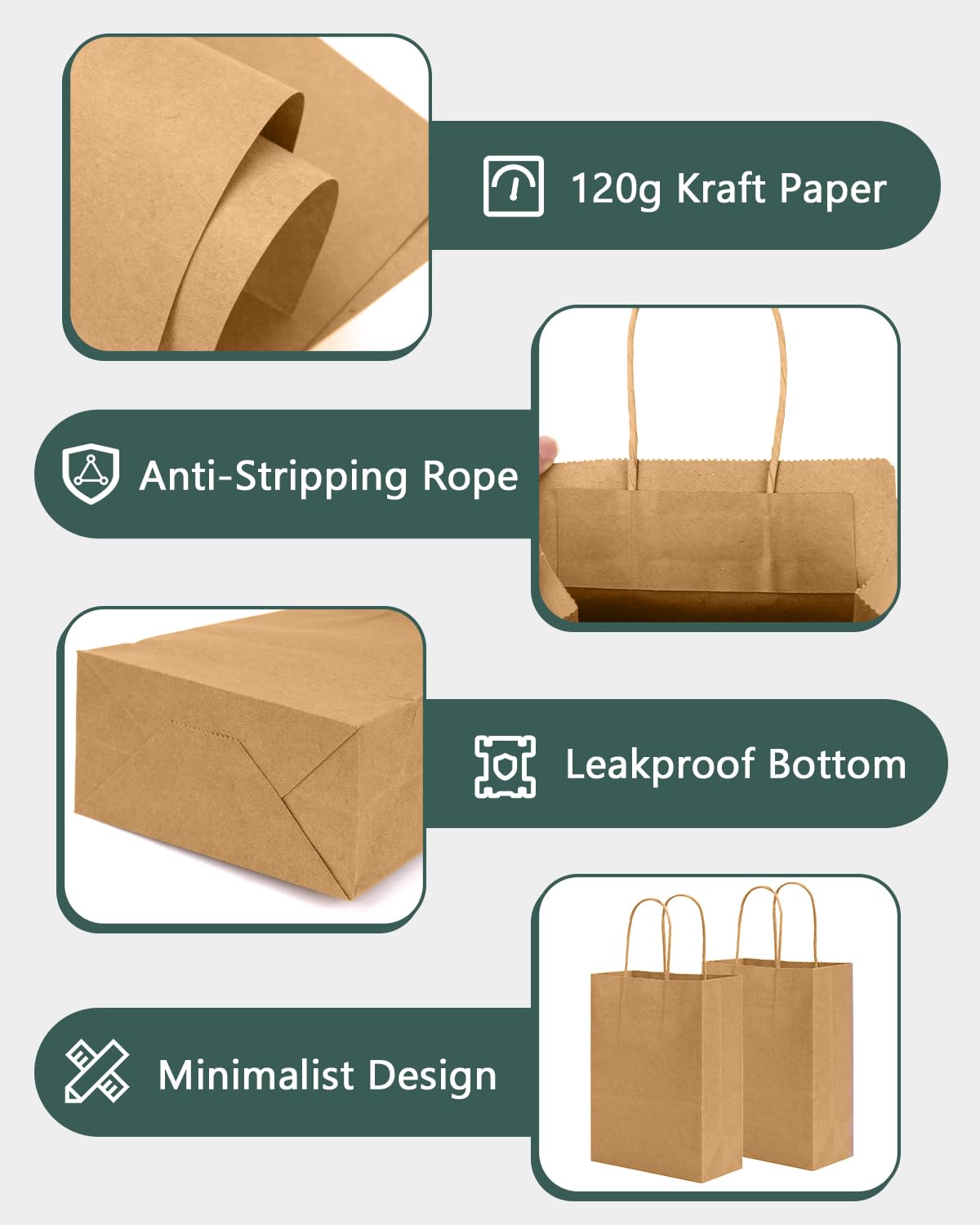 Colemoly Kraft Paper Bags 8.3x4.6x10.6 Inch 100Pcs Recyclable Brown Gift Bags with Handles for Retail, Boutiques, Corporate Gifting, Party Favors, and Small Business