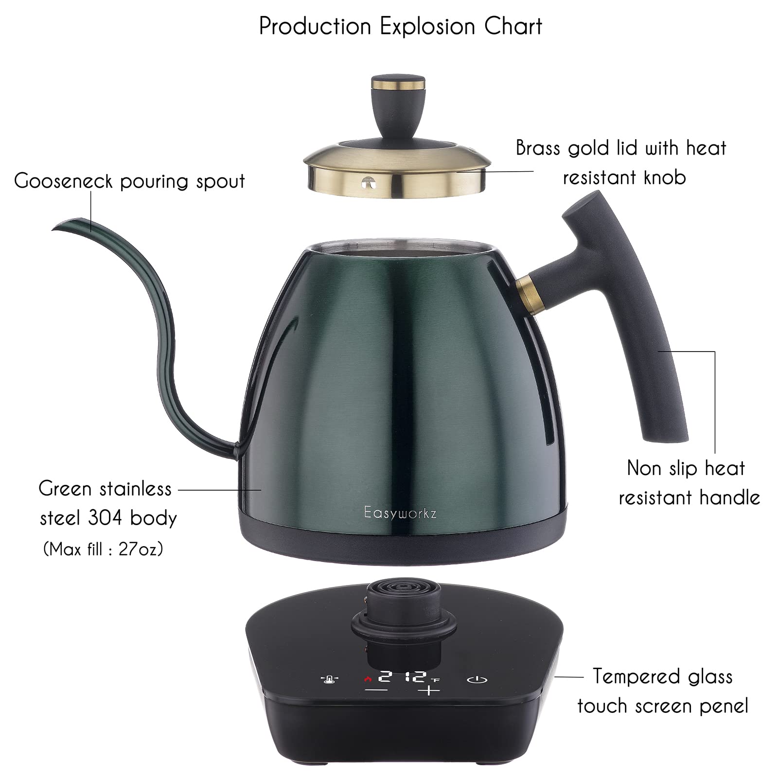 Easyworkz Pedro Stovetop Espresso Maker 6Cup 300ml, Bundled Electric Gooseneck Pour Over Coffee Kettle, Stainless Steel Hand Drip Tea Pot 27 Ounce Temperature Control 1200W Quick Heatin