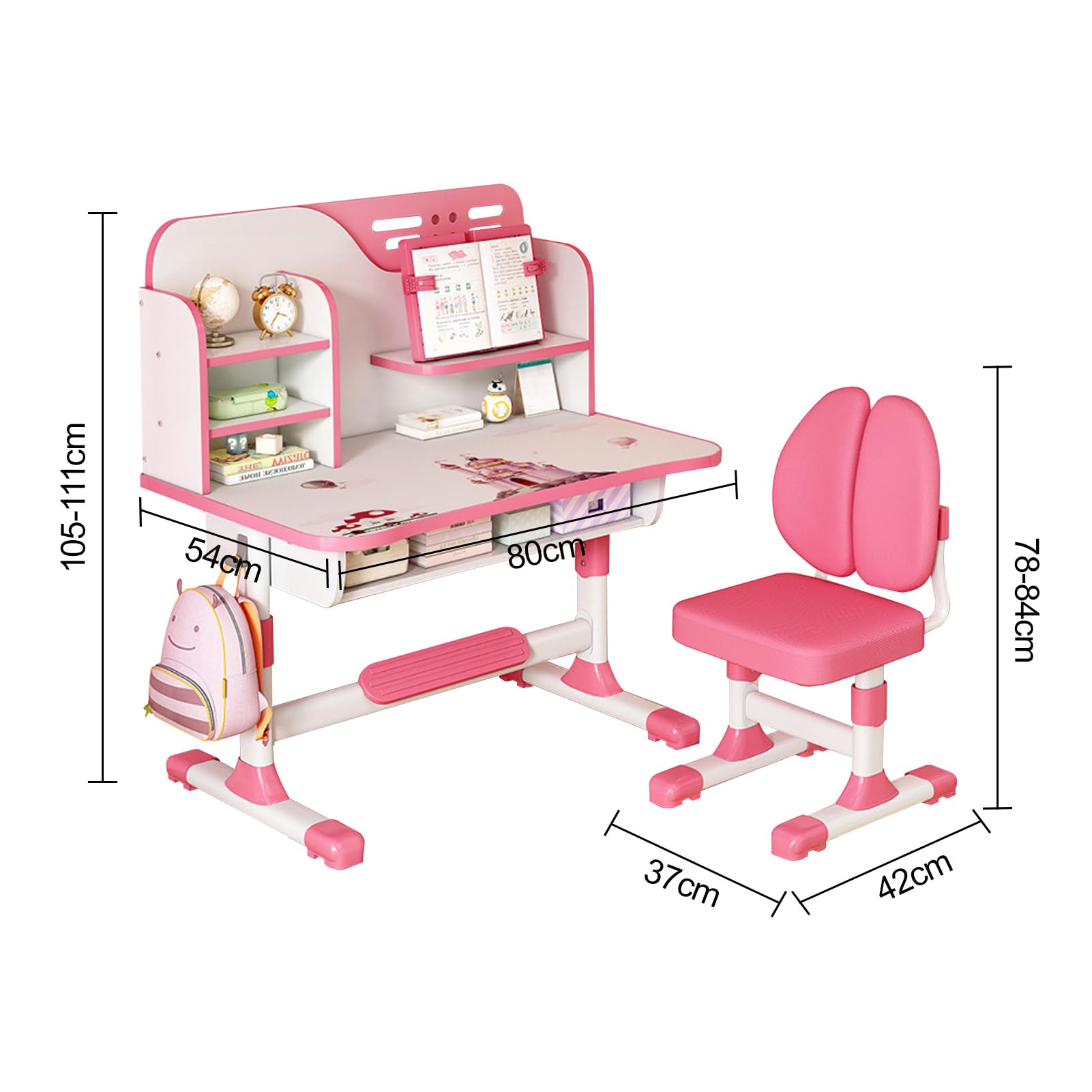 HOVTOIL Desk for Kids, Pink Kids Desk and Chair Set Adjustable Height with Drawers and Storage, Cartoon Pattern Kids Desk for Girls, Curved Desktop School Study Desk for Kids