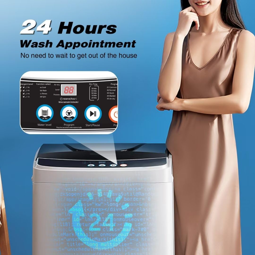 Tymyp Apartment Washing Machine, Automatic Compact Washing Machine Suitable for Household Use, Portable Washer with 24 Hours Washing Appointment, LED Display, Transparent Gray