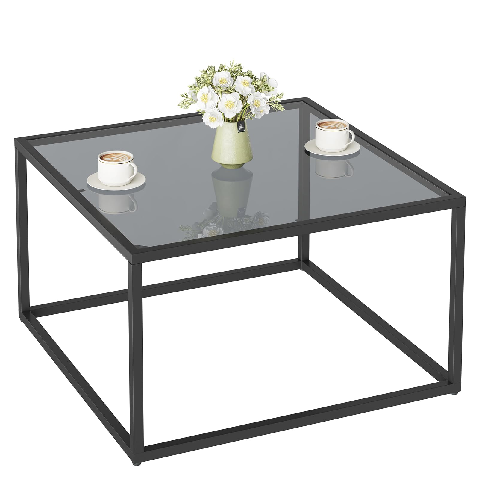 YMYNY Glass Coffee Table, Tempered Glass Square Coffee Tables with Metal Frame, Unique Modern Table for Living Room Home Office 26.77" x 26.77" x 15.75", Black Grey, UHCT001H