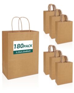 colemoly paper gift bags 180pcs 5.25x3.25x8 inch kraft paper bags with handles small brown recyclable for small business, retail, grocery, cafes, bakeries, and cosmetics stores