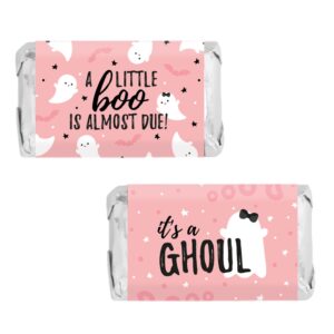 pink a little boo is almost due girl baby shower wrappers for mini chocolate bars, halloween baby shower party favor candy stickers - 45 count