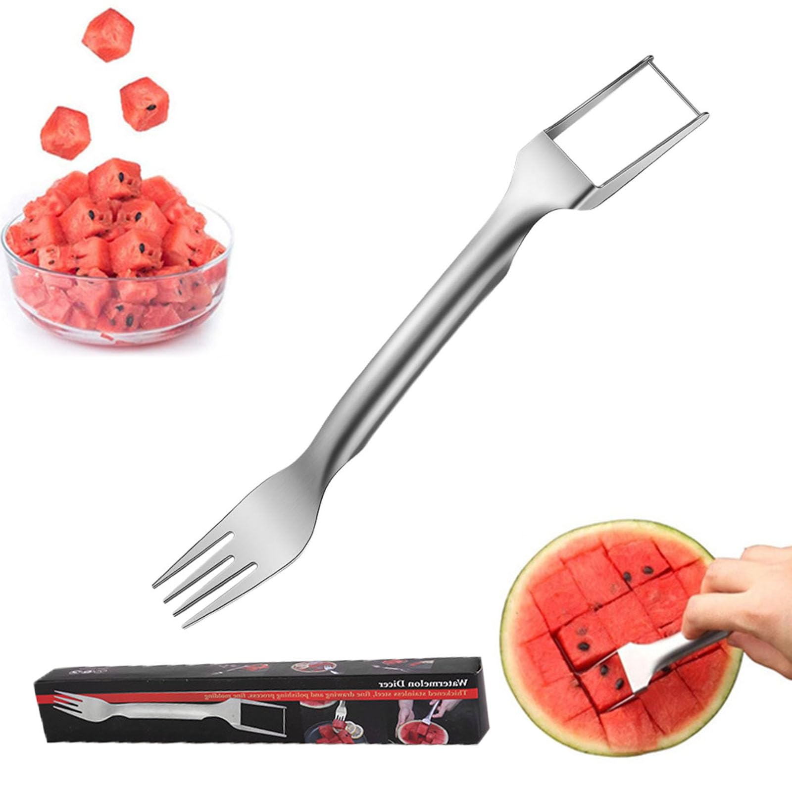 Nenakrn 2-In-1 Stainless Steel Fruit Cutter, 2024 Upgrade Watermelon Cutter, Watermelon Fork Slicer Cutter, Dual Head Fruit Forks Slicer Knife for Home Kitchen Gadget (1Pc)