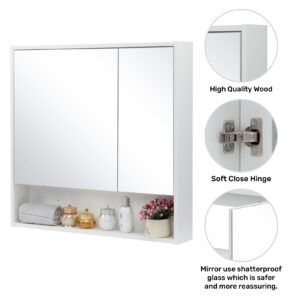 ALIMORDEN Medicine Cabinet with Mirror and Shelves, Bathroom Wood Wall Cabinet Over The Toilet, Vanity, Recessed or Surface Mount, 30.07 Inch x 30 Inch, White