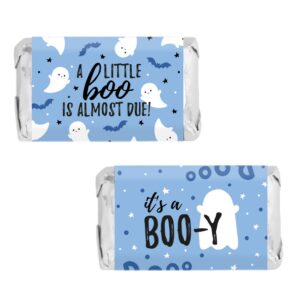 blue a little boo is almost due boy baby shower wrappers for mini chocolate bars, halloween baby shower party favor candy stickers - 45 count