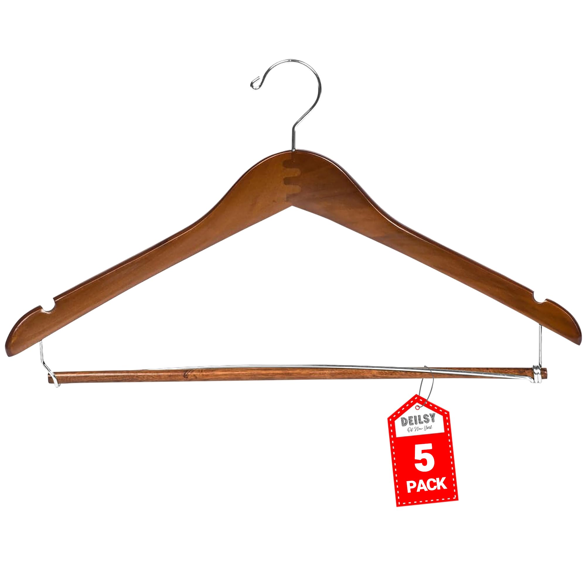 DEILSY™ Suit Hangers for Men with Open Bar 5 Pack - Premium Brown Wooden Pants Hangers - Durable Suit Hangers for Closet Organization - Jacket Hanger Wide Thick Hangers Wood Clothes Hangers