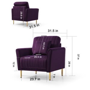 WILLIAMSPACE 31.5" Velvet Single Sofa Chair, Modern Upholstered Armchair with 1 Toss Pillow & Gold Legs, Small Luxury Couch Chair for Living Room, Reading Sofa for Bedroom Apartment, Velvet (Purple)