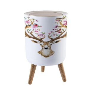 trash can with lid watercolor deer big antlers flowers birds horns branches cherry garbage can round waste bin press cover dog proof wastebasket for kitchen bathroom living room nursery 1.8gal, ljt