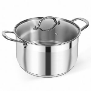 kirecoo stainless steel stock pot - 8 quart heavy duty induction cooking pot with visible lid for pasta, soup, spaghetti, nonstick thick bottom big soup canning pot, deep cookware boiling simmer pot