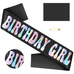 generic birthday girl sash with iridescent foil - black birthday sash for women - happy birthday sash for official teenager sweet 16, 18th 21st 30th 40th 50th or any other bday party