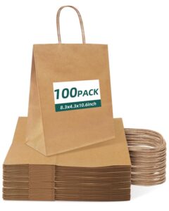 colemoly kraft paper bags 8.3x4.6x10.6 inch 100pcs recyclable brown gift bags with handles for retail, boutiques, corporate gifting, party favors, and small business