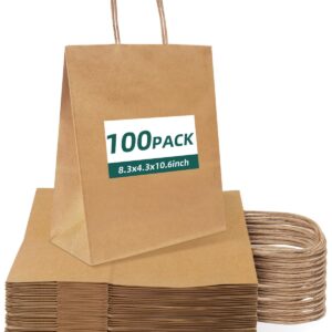 Colemoly Kraft Paper Bags 8.3x4.6x10.6 Inch 100Pcs Recyclable Brown Gift Bags with Handles for Retail, Boutiques, Corporate Gifting, Party Favors, and Small Business