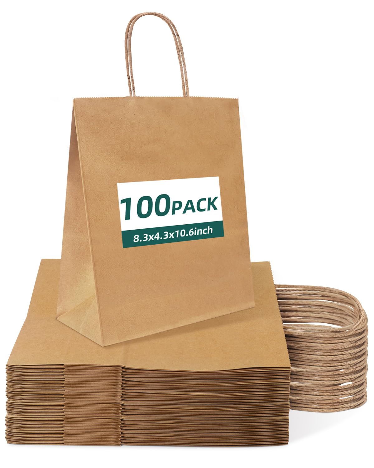 Colemoly Kraft Paper Bags 8.3x4.6x10.6 Inch 100Pcs Recyclable Brown Gift Bags with Handles for Retail, Boutiques, Corporate Gifting, Party Favors, and Small Business