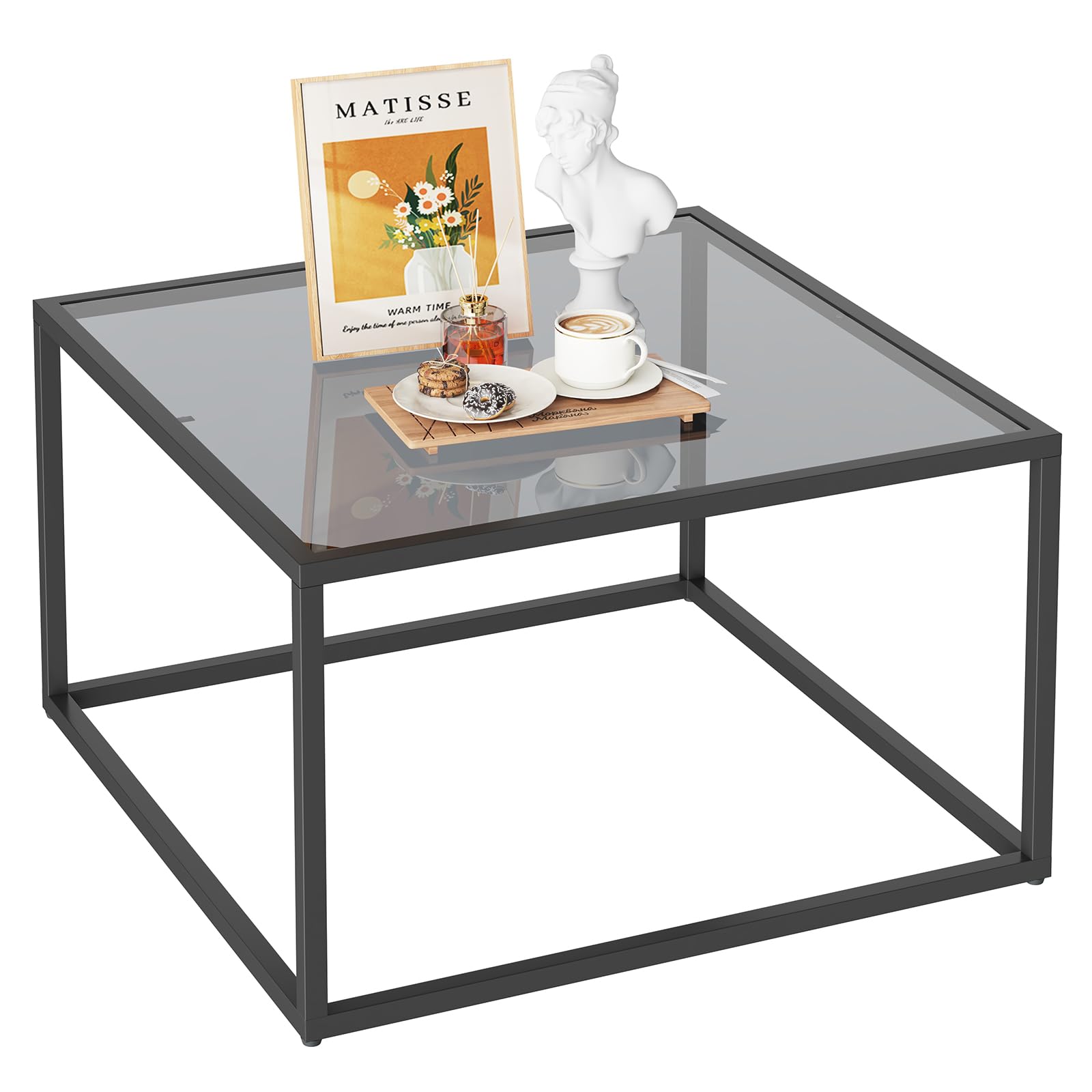 YMYNY Glass Coffee Table, Tempered Glass Square Coffee Tables with Metal Frame, Unique Modern Table for Living Room Home Office 26.77" x 26.77" x 15.75", Black Grey, UHCT001H