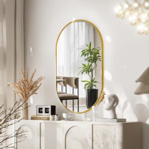 voobang gold oval wall mirror, 17x30 inch oval bathroom mirror, wall mounted vanity mirror with metal framed, tempered glass and reflective high definition, mounted horizontally or vertically