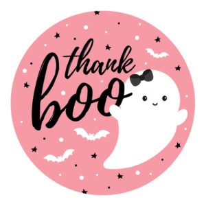 pink a little boo is almost due girl baby shower thank you card stickers, halloween baby shower party favor bag labels - 40 count