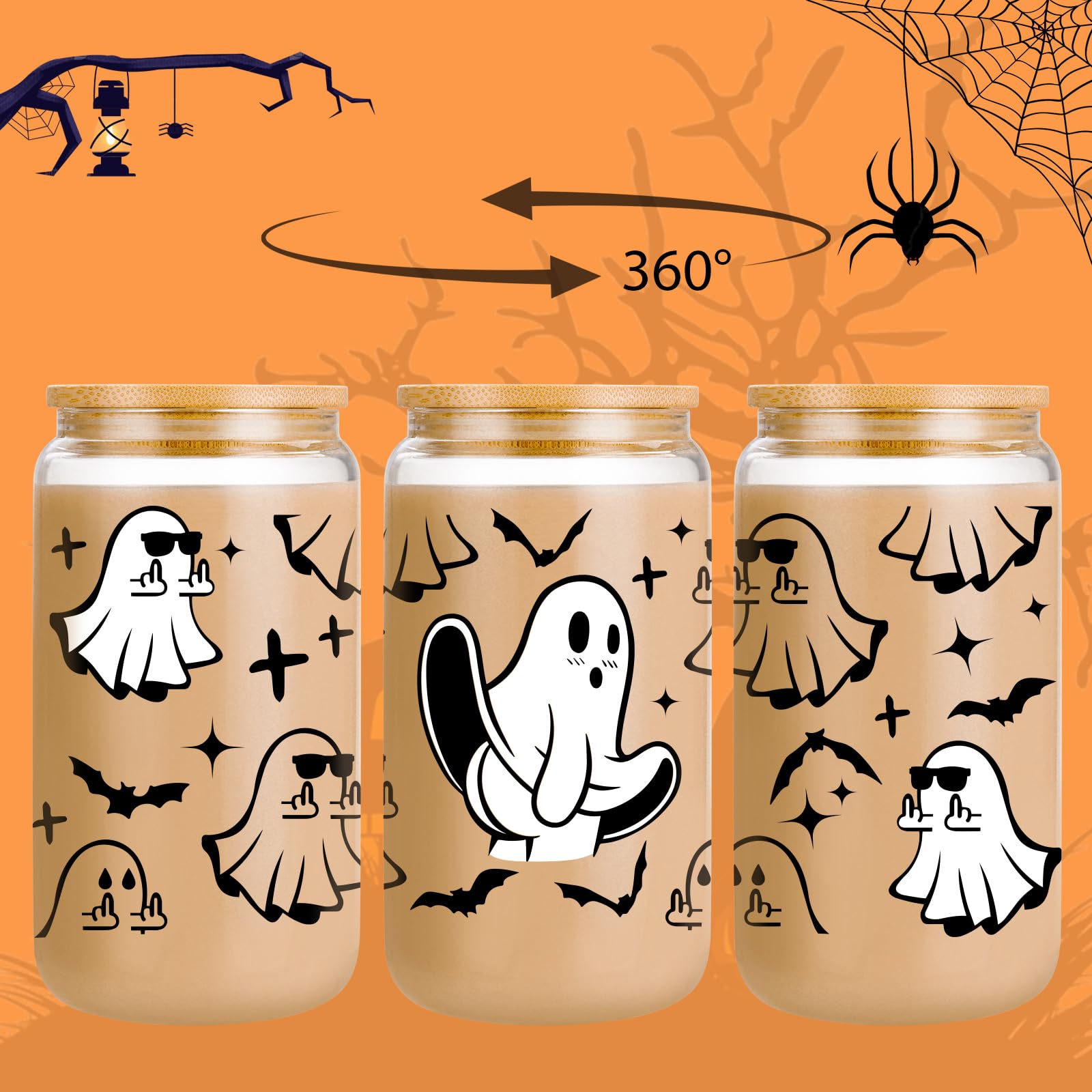 GSPY Halloween Ghost Glass Cups with Lids & Straws - Cute Spooky Iced Coffee Cup, 16 oz Middle Finger Ghost Bat Tumbler Fall Mug, Funny Halloween Gifts, Boo Basket Stuffers for Her Women Adults