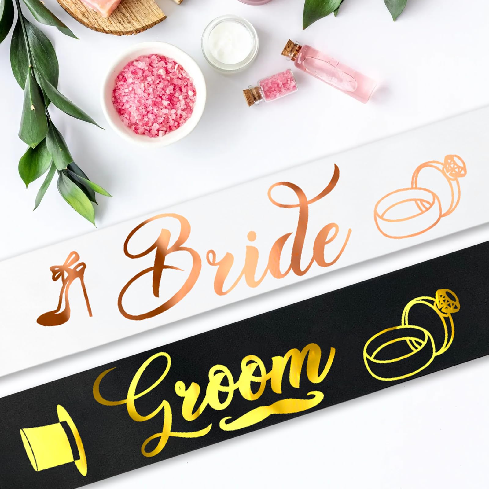 2 Pcs Bride and Groom Sash with Gold Foil, Bachelorette Party Sash, Bride and Groom to Be Sash for Bridal Shower Wedding Hen Party Decorations Engagement Gifts (White, Rose Gold & Black, Gold)