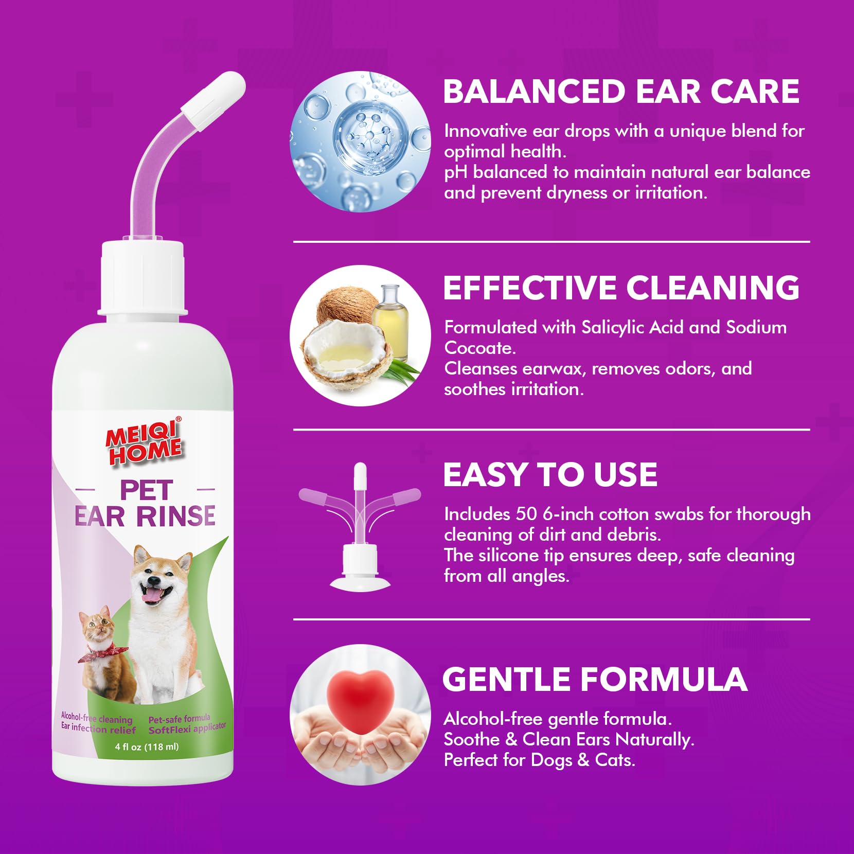 MEIQIHOME Ear Cleaner for Dogs and Cats Soothes Ear Inflammation, Removes Wax and Odor, Includes 50 Cotton Swabs, 4 Fl oz, Cleaner for Dogs