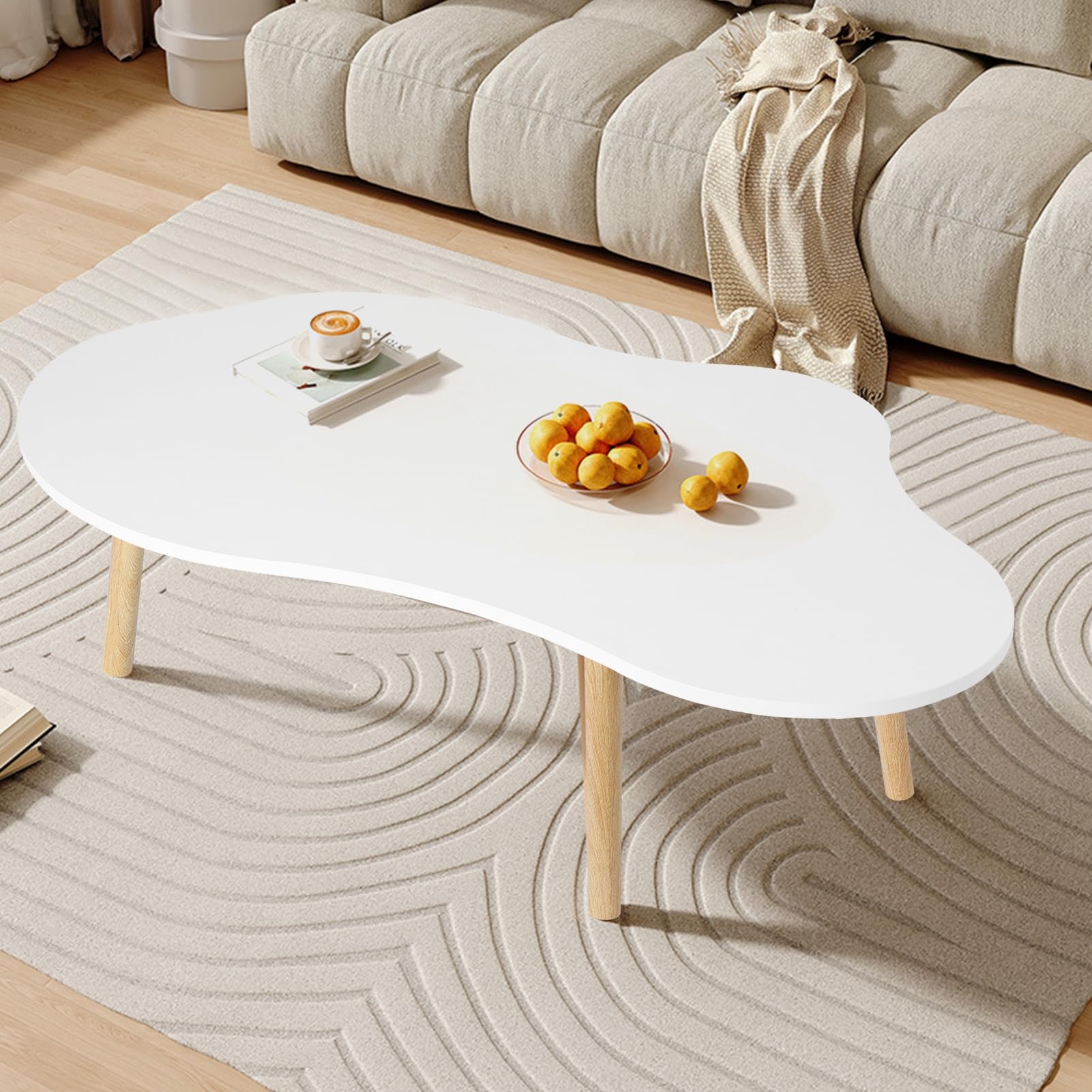 Modern Coffee Table Small White Coffee Tables for Small Space Unique Simple Cloud Center Table with Wood Frame for Living Room 20" D x 40" W x 16" H, Dining Table for Living Room Home Office White