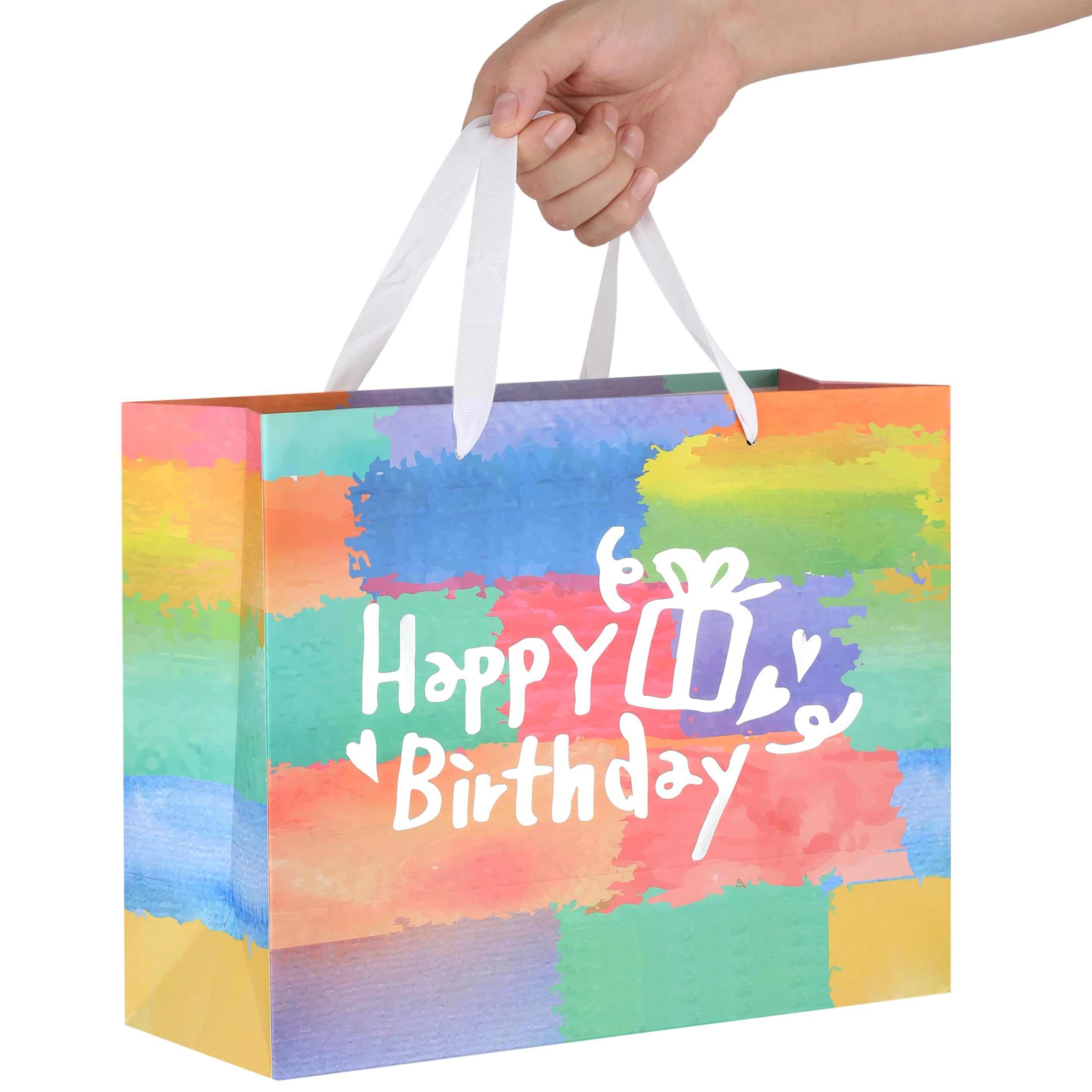 13" Large Colorful Gift Bag Set with Greeting Card and Tissue Papers (Laser Foil 'Happy Birthday’) for Women's or Men's Birthday Party, Boys', Girls', or Kids' Parties, Baby Shower - 13”x5.2”x10.2”, 1 Pcs.