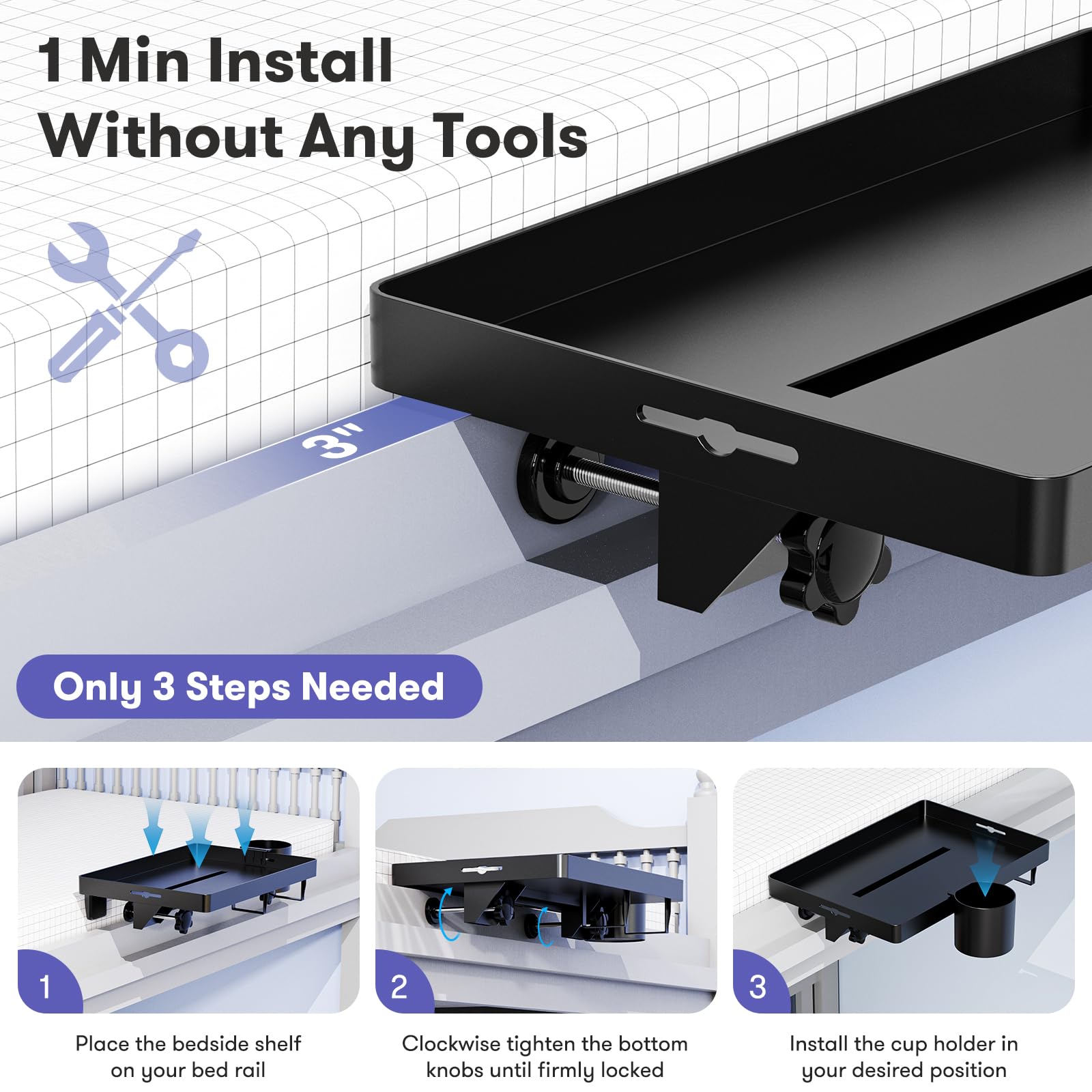 Bedside Shelf, Bunk Bed Table Shelf for Top Bunk, Black Clip On Nightstand with Removable Cup Holder&Power Strip Holder,Bunk Bed Tray for Dorm Bed&Loft Bed,College Dorm Room Essential(Updated Version)