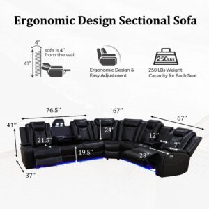 Ocstta Leather Power Recliner Sectional Sofa with LED, Power Reclining Sectional Couch, Breathing Leather Sofa Couch with USB Port&Cup Holder for Living Room (Living Room Set,Black)