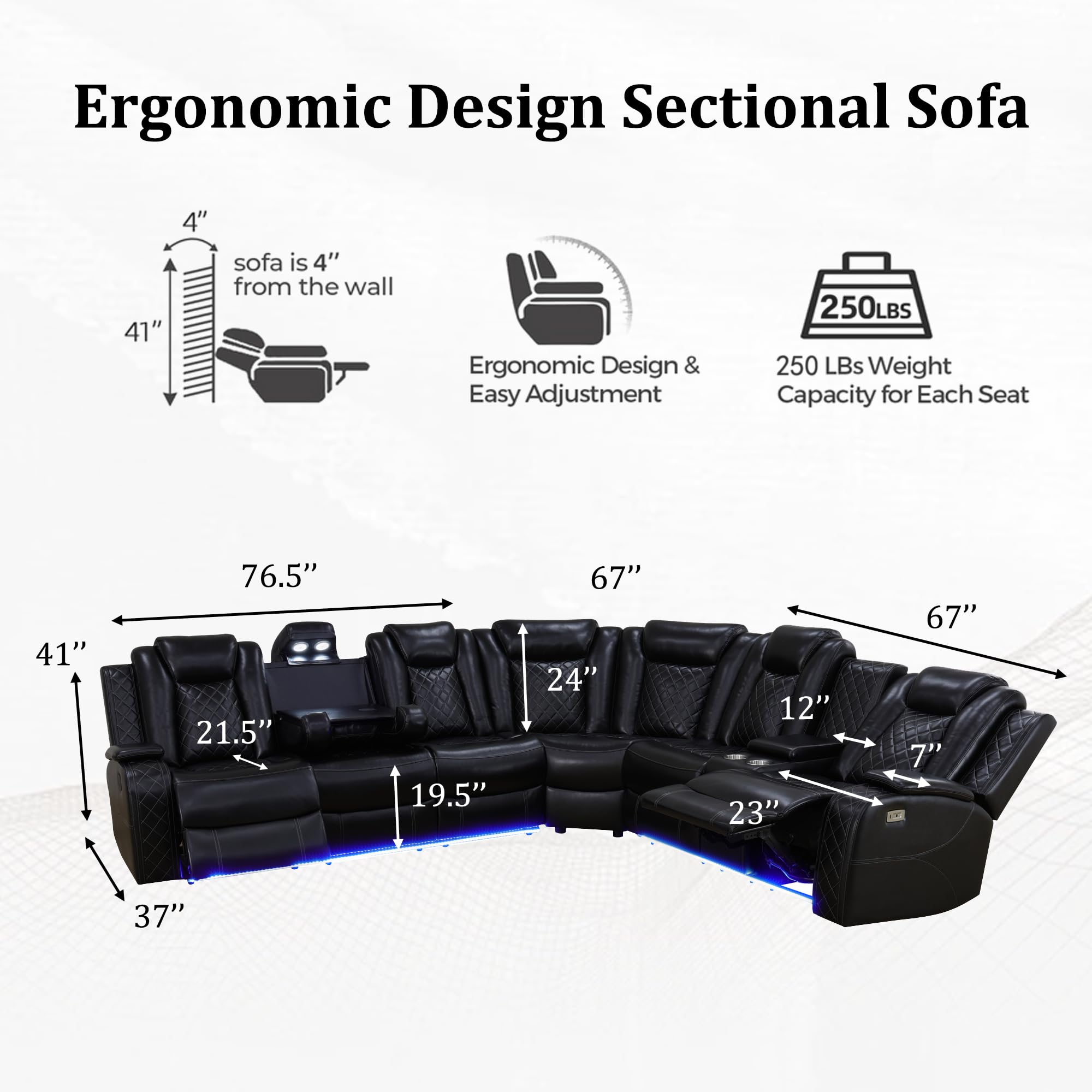 Ocstta Leather Power Recliner Sectional Sofa with LED, Power Reclining Sectional Couch, Breathing Leather Sofa Couch with USB Port&Cup Holder for Living Room (Living Room Set,Black)