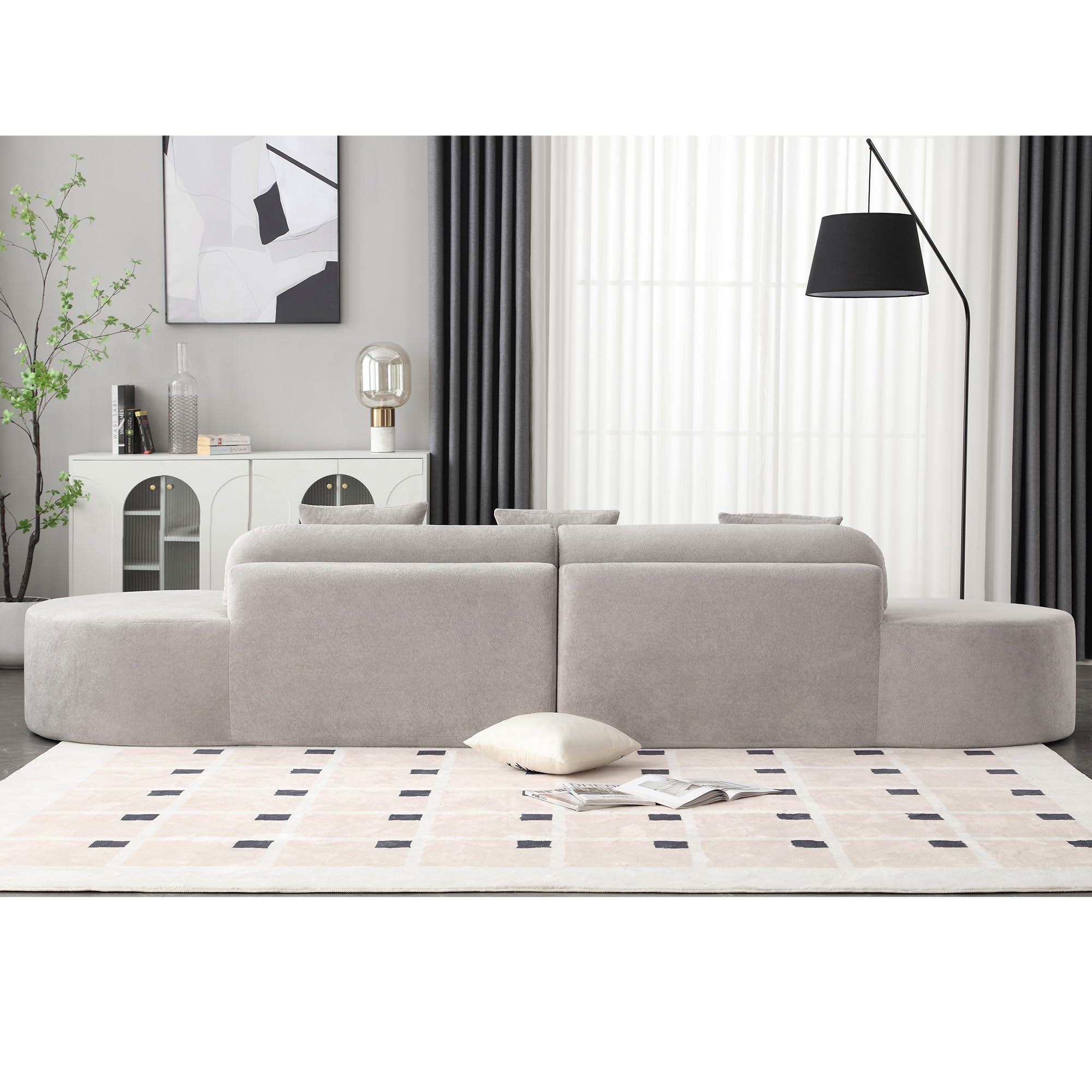 VnndeNest 130" Modular Sectional Sofa，Terrycloth Fabric Modern Minimalist Sofa, Comfy Upholstered Curved Sofa with 3 Pillows, Luxury 4 Seater Couch for Living Room, Apartment, Free Installation，Grey