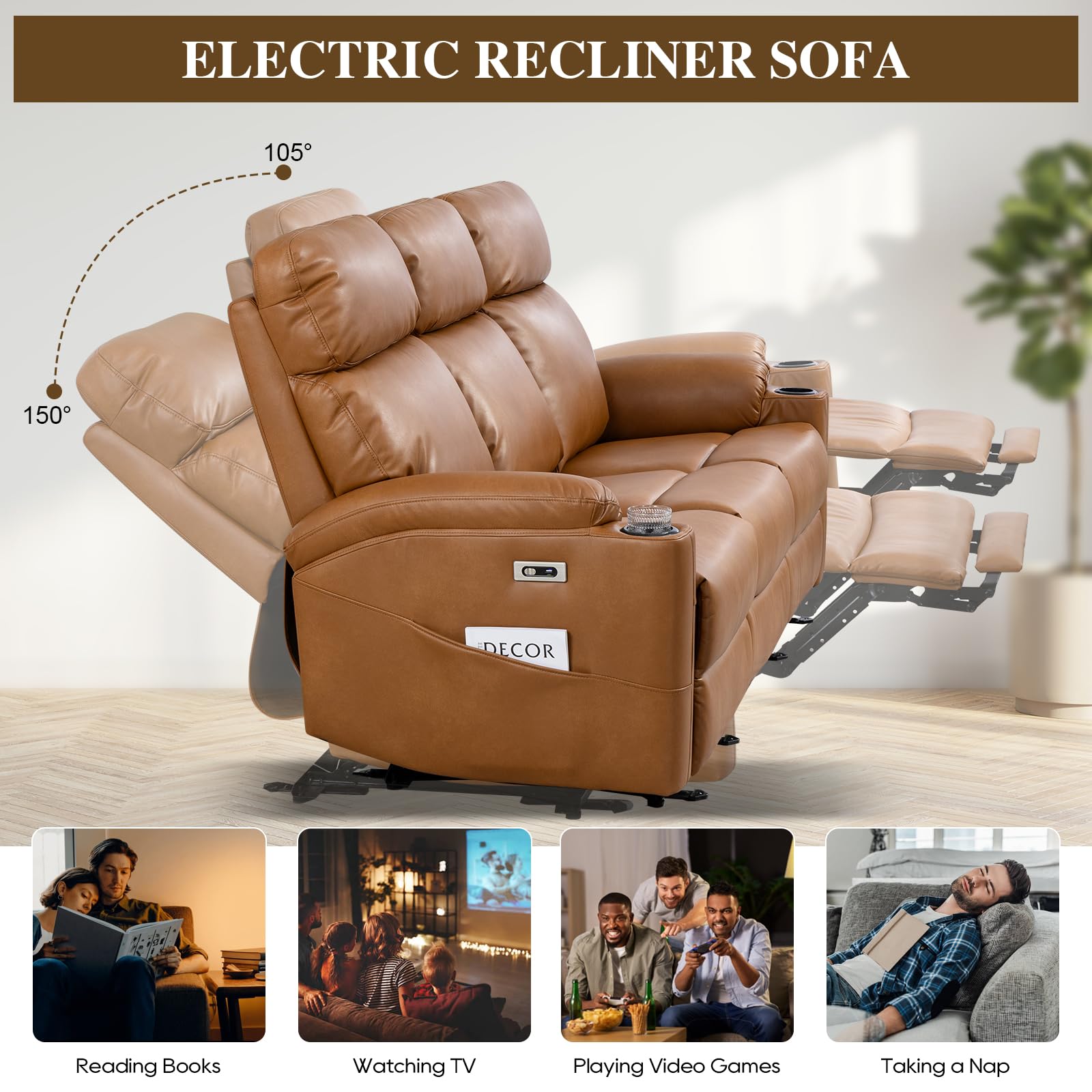 PALLOME Power Reclining Sofa, Electric 3-Seat Dual Recliner Sofa with USB Ports, Cup Holders, Wall Hugger Sofa & Couch for Living Room Home Theater Apartment RV (Brown)