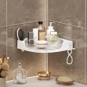 kouhtika 360 rotating makeup organizer corner spinning bathroom organizer 1 pack corner shower rack with hooks for perfume lotion skincare organizer countertop kitchen storage(clear)