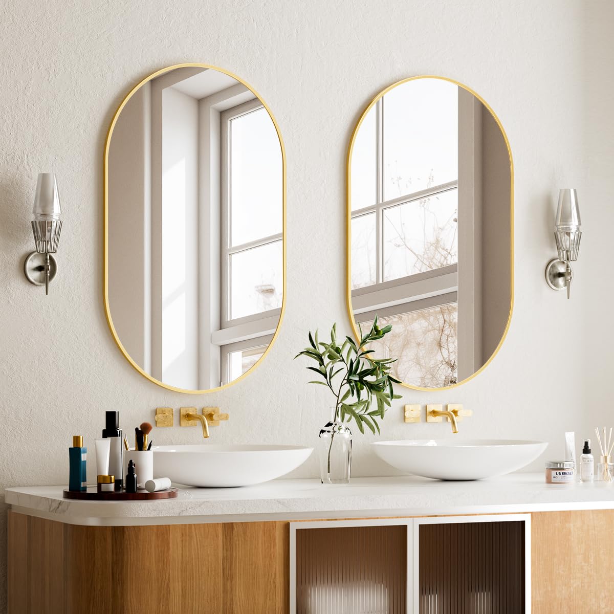 VooBang Gold Oval Wall Mirror, 17x30 inch Oval Bathroom Mirror, Wall Mounted Vanity Mirror with Metal Framed, Tempered Glass and Reflective High Definition, Mounted Horizontally or Vertically