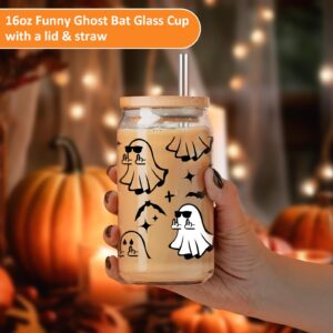 GSPY Halloween Ghost Glass Cups with Lids & Straws - Cute Spooky Iced Coffee Cup, 16 oz Middle Finger Ghost Bat Tumbler Fall Mug, Funny Halloween Gifts, Boo Basket Stuffers for Her Women Adults