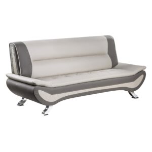 benjara elle 78 inch sofa, faux leather, metal legs, solid wood frame, beige, gray and chrome