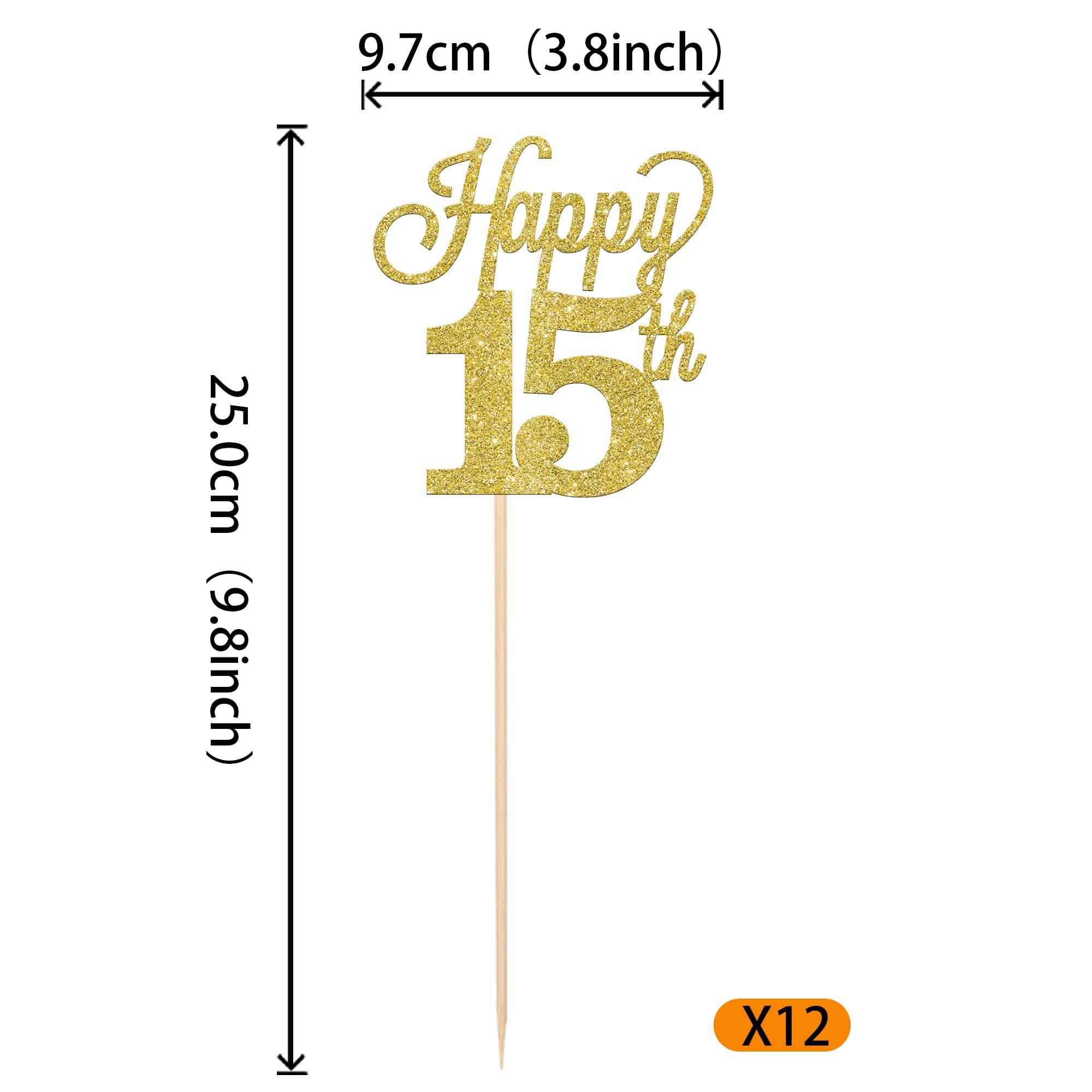 12 Pack Happy 15th Birthday Centerpiece Sticks Glitter Fifteen Cheers to 15 Years Old Table Centerpiece Sticks for 15 Fabulous Birthday Theme Party Supplies Gold