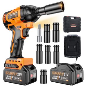 soarfly impact wrench, 1/2" impact gun, 400n.m (300ft-lbs) brushless motor power impact driver, cordless electric impact wrench with 4.0ah battery, 1 fast charger, 6pcs sockets, 1 extension bar