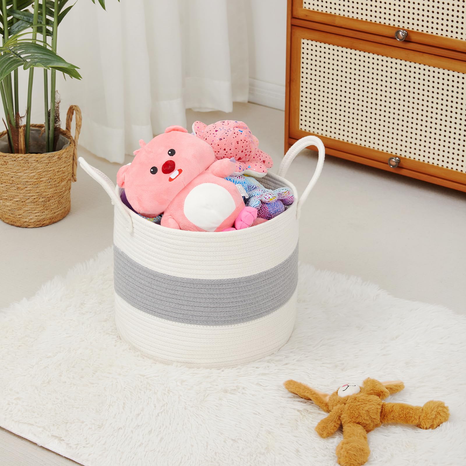 Ladkew Woven Cotton Rope Storage Basket With Handle,Laundry Basket,Blanket Basket Toy Basket Living Room For Organizing