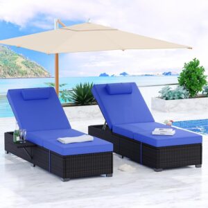 outdoor patio chaise lounge chairs set of 2, pe wicker lounge chairs with removable furniture cushion, brown rattan reclining chair adjustable backrest, pool sunbathing recliners with storage table