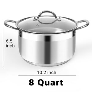 Kirecoo Stainless Steel Stock Pot - 8 Quart Heavy Duty Induction Cooking Pot with Visible Lid for Pasta, Soup, Spaghetti, Nonstick Thick Bottom Big Soup Canning Pot, Deep Cookware Boiling Simmer Pot