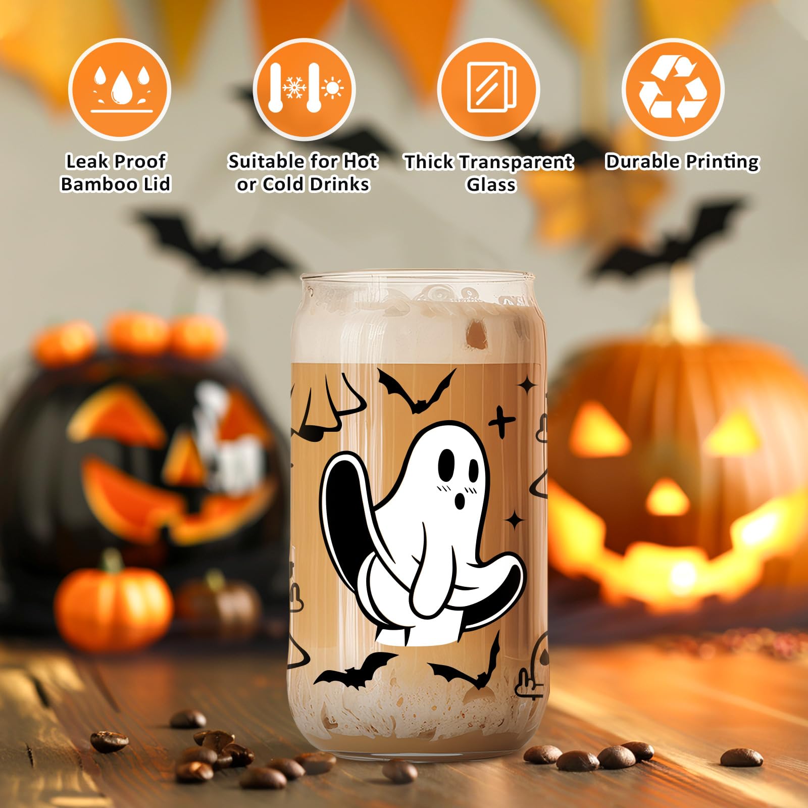 GSPY Halloween Ghost Glass Cups with Lids & Straws - Cute Spooky Iced Coffee Cup, 16 oz Middle Finger Ghost Bat Tumbler Fall Mug, Funny Halloween Gifts, Boo Basket Stuffers for Her Women Adults