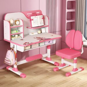 hovtoil desk for kids, pink kids desk and chair set adjustable height with drawers and storage, cartoon pattern kids desk for girls, curved desktop school study desk for kids