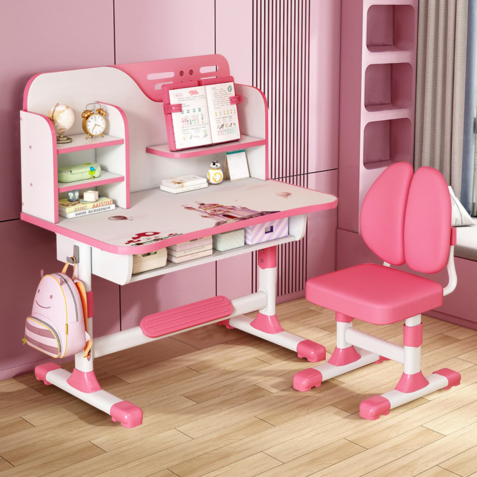 HOVTOIL Desk for Kids, Pink Kids Desk and Chair Set Adjustable Height with Drawers and Storage, Cartoon Pattern Kids Desk for Girls, Curved Desktop School Study Desk for Kids