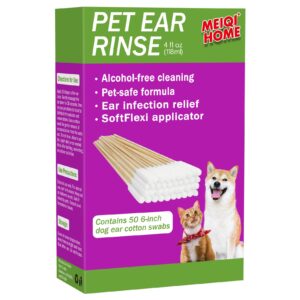 MEIQIHOME Ear Cleaner for Dogs and Cats Soothes Ear Inflammation, Removes Wax and Odor, Includes 50 Cotton Swabs, 4 Fl oz, Cleaner for Dogs