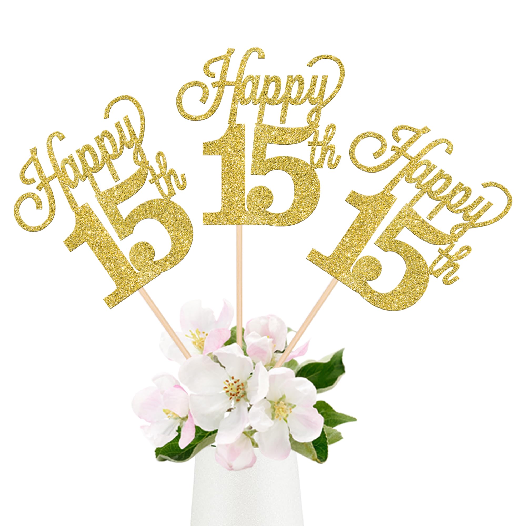 12 Pack Happy 15th Birthday Centerpiece Sticks Glitter Fifteen Cheers to 15 Years Old Table Centerpiece Sticks for 15 Fabulous Birthday Theme Party Supplies Gold