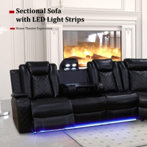 Ocstta Leather Power Recliner Sectional Sofa with LED, Power Reclining Sectional Couch, Breathing Leather Sofa Couch with USB Port&Cup Holder for Living Room (Living Room Set,Black)