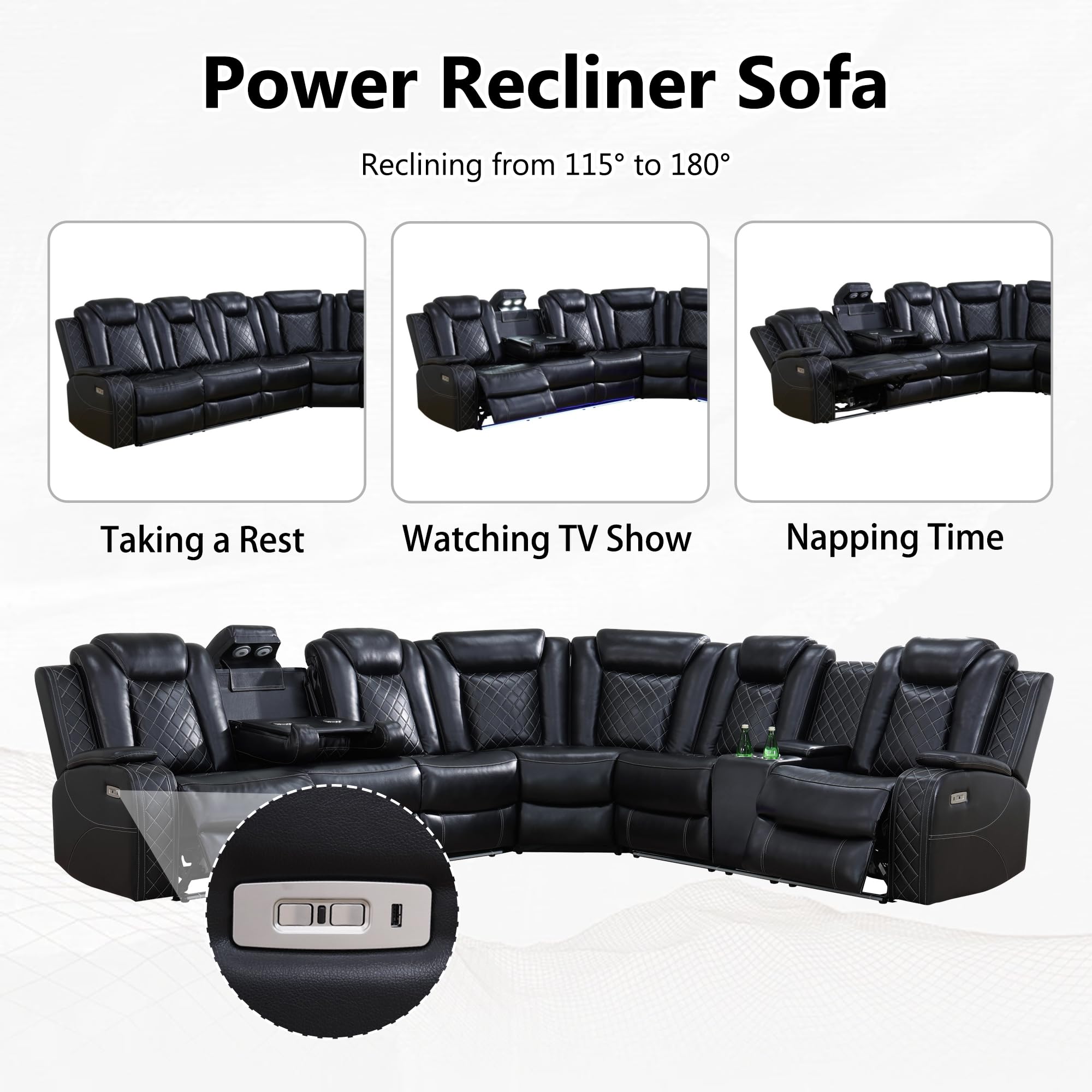 Ocstta Leather Power Recliner Sectional Sofa with LED, Power Reclining Sectional Couch, Breathing Leather Sofa Couch with USB Port&Cup Holder for Living Room (Living Room Set,Black)