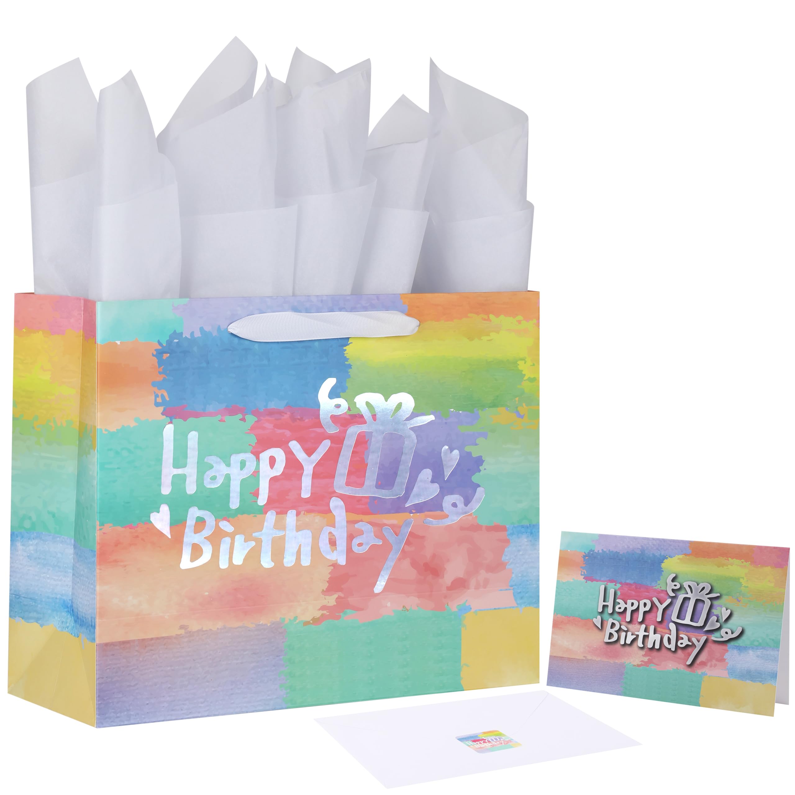 13" Large Colorful Gift Bag Set with Greeting Card and Tissue Papers (Laser Foil 'Happy Birthday’) for Women's or Men's Birthday Party, Boys', Girls', or Kids' Parties, Baby Shower - 13”x5.2”x10.2”, 1 Pcs.