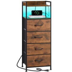 somdot 4 drawers dresser with charging station and led light for bedroom, tall nightstand with removable fabric bins for bedside laundry closet entryway hallway, wood grain print